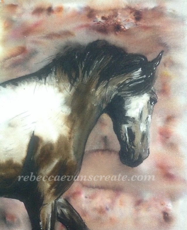 Playing safe, brusho backgrounds and Indian ink horse | RebeccaEvans Create